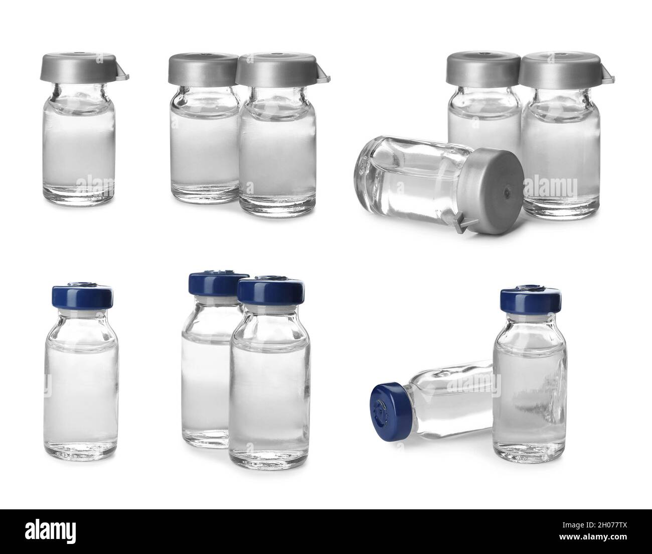 Set with vials of solution for injection on white background. Medical ...