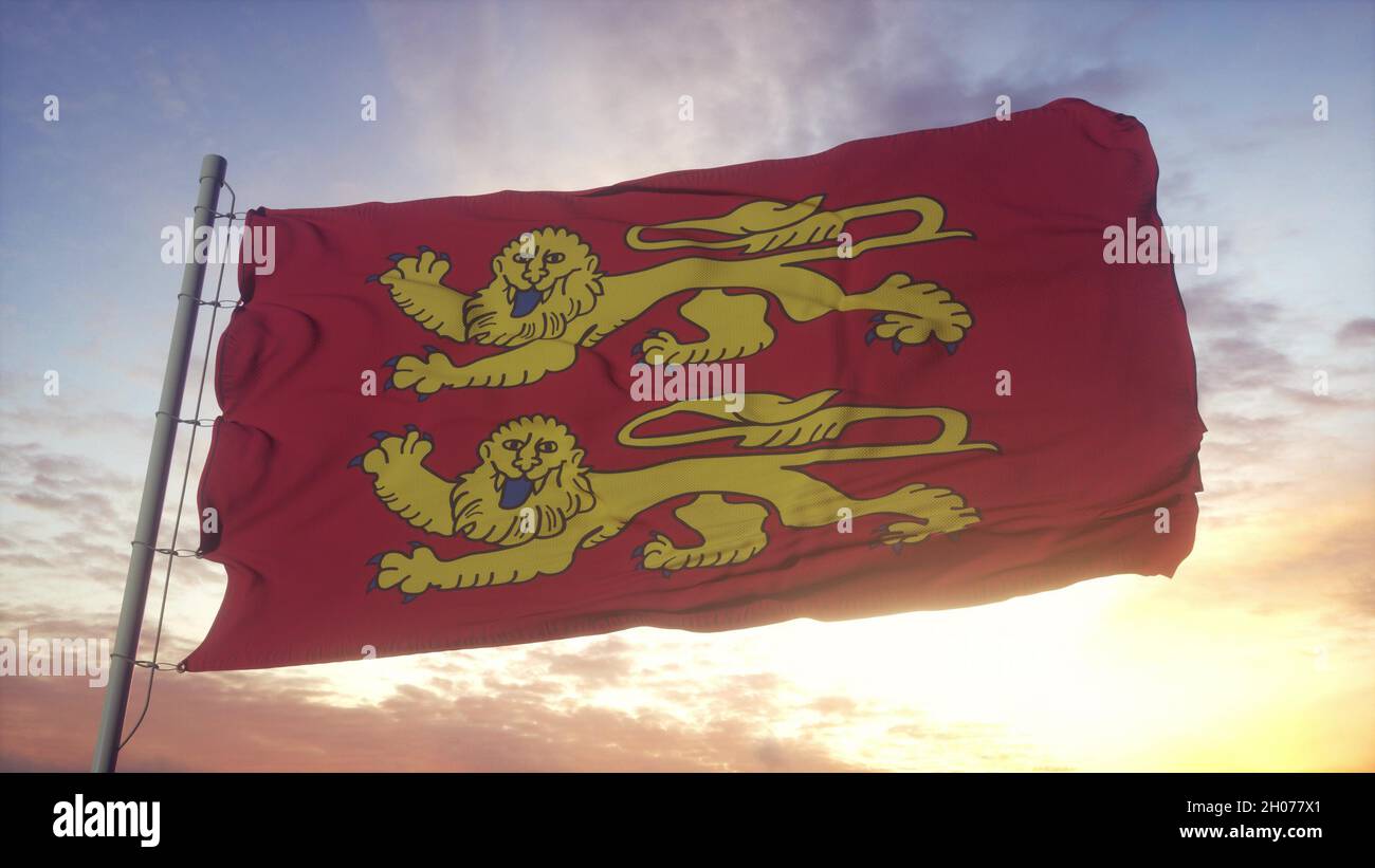 Normandy flag, France, waving in the wind, sky and sun background. 3d ...