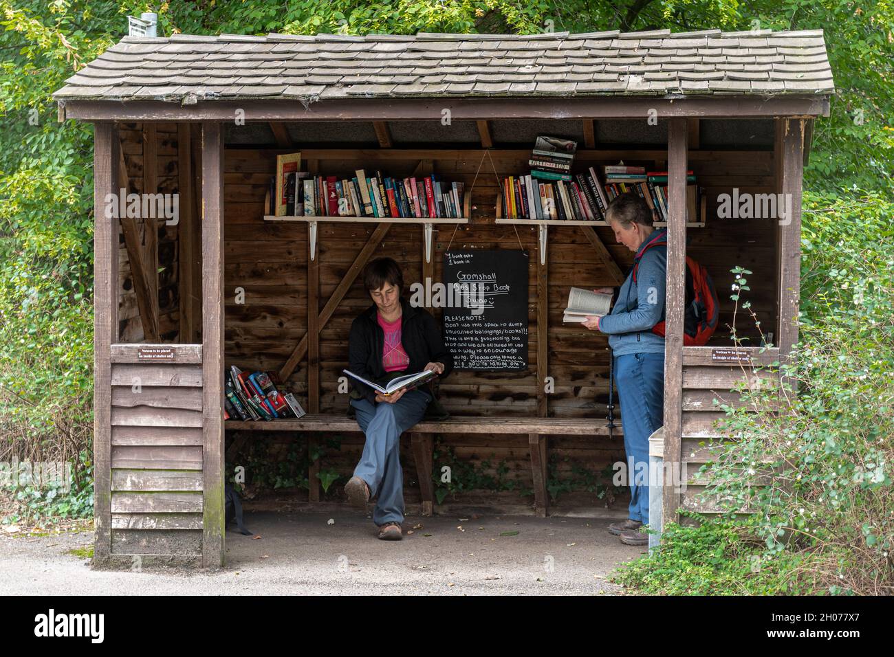 Gomshall bus stop book swap with two women reading books while waiting ...