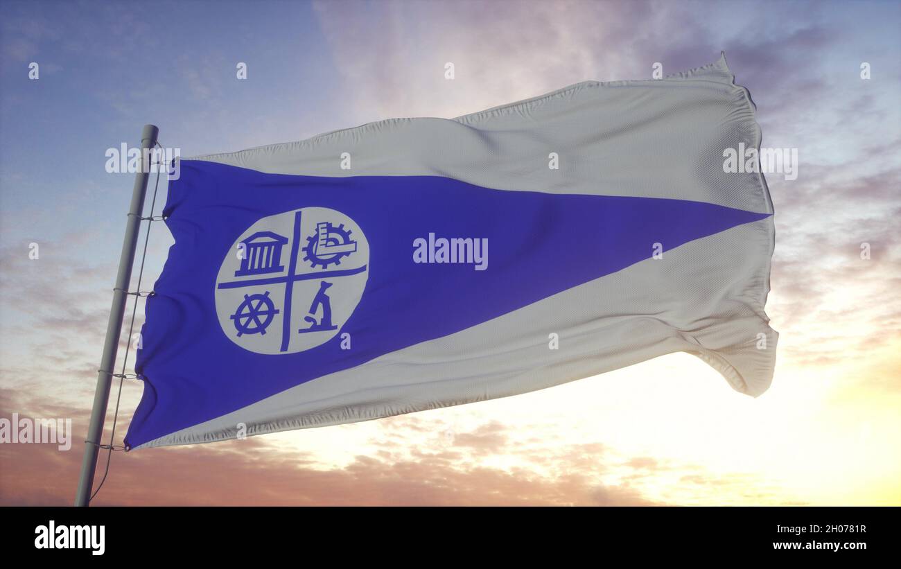 Minneapolis city flag, United States, waving in the wind, sky and sun ...