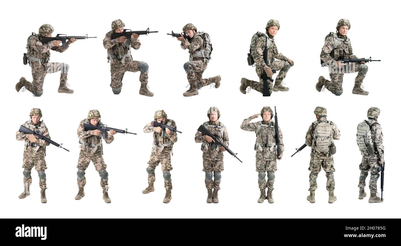 Set with male soldier on white background. Military service Stock Photo ...