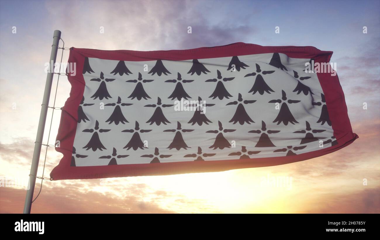 Limousin flag, France, waving in the wind, sky and sun background. 3d ...