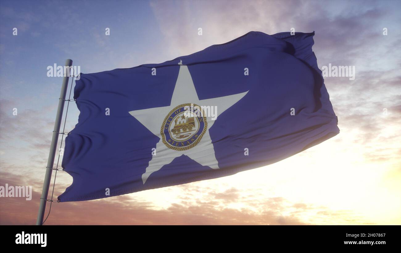 Houston Texas city flag waving in the wind, sky and sun background. 3d ...