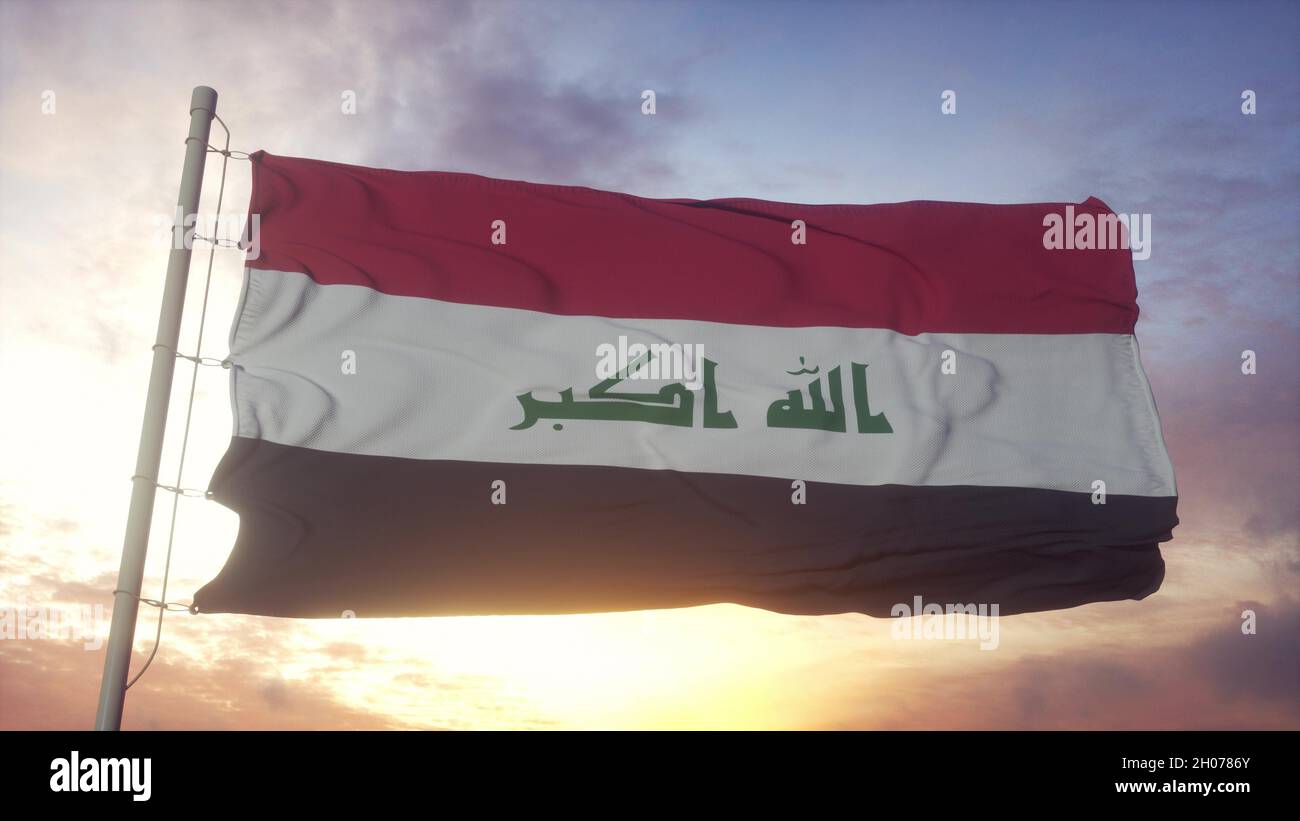 Flag of The Iraq waving in the wind, sky and sun background. 3d ...