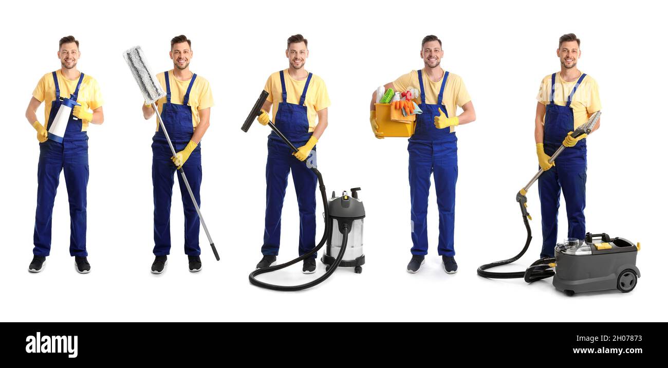 Set with janitor and cleaning equipment on white background Stock Photo ...