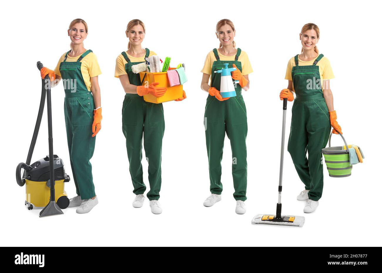 Set with janitor and cleaning equipment on white background Stock Photo ...