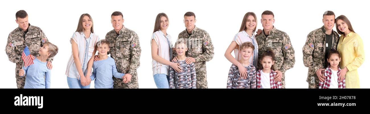 Set with soldier and his family on white background. Military service ...