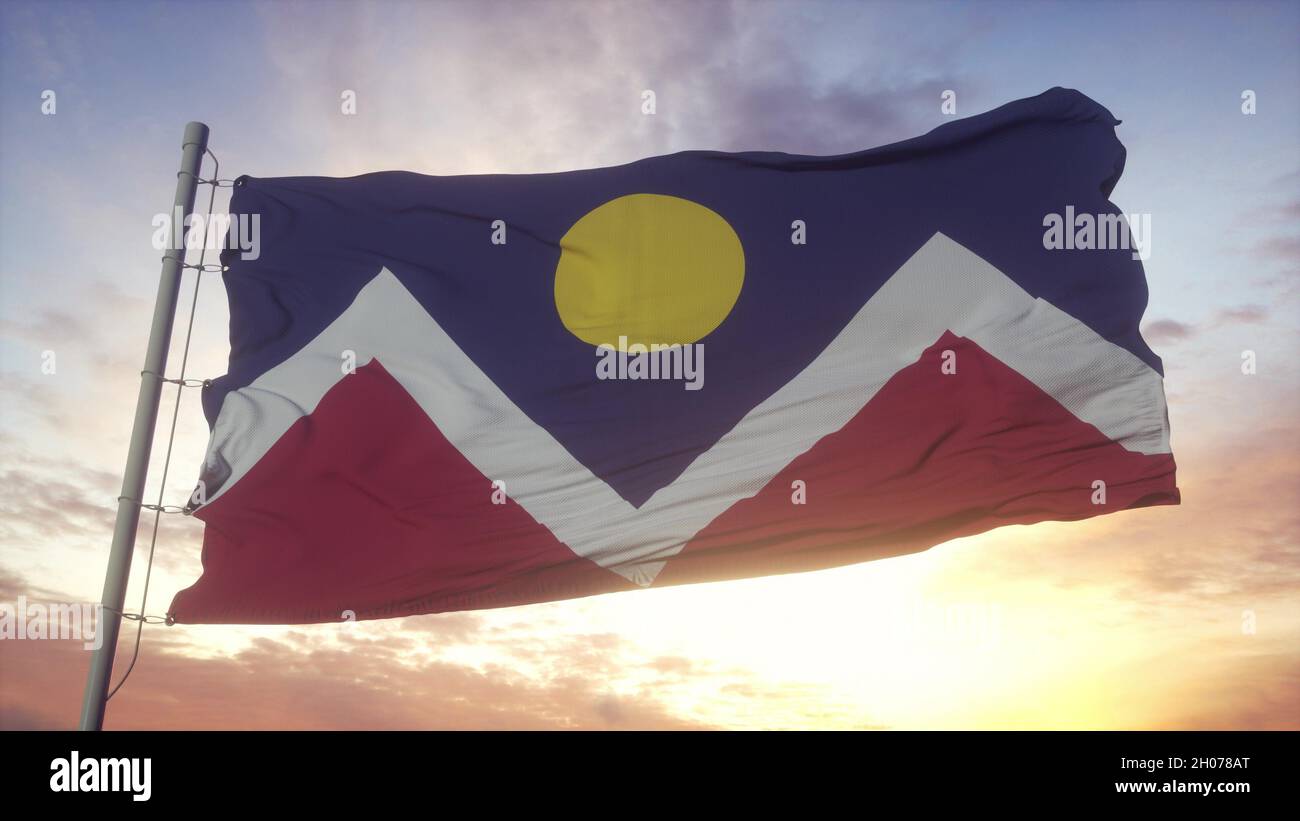 Denver city of Colorado flag waving in the wind, sky and sun background ...