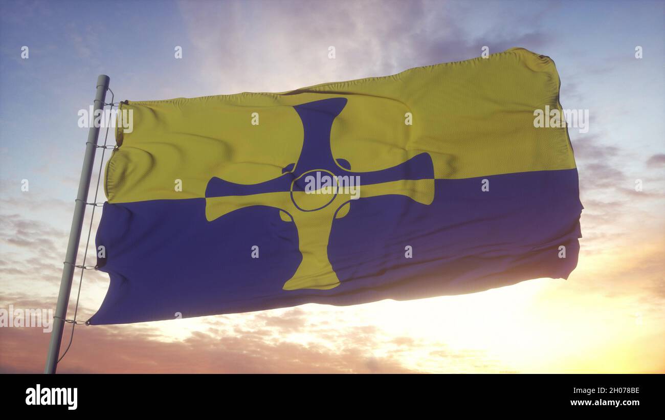 County Durham flag, England, waving in the wind, sky and sun background ...