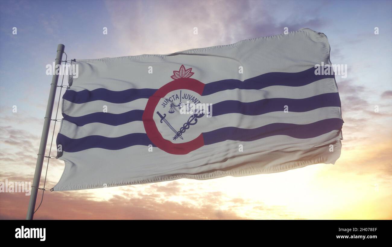 Cincinnati city of Ohio flag waving in the wind, sky and sun background ...