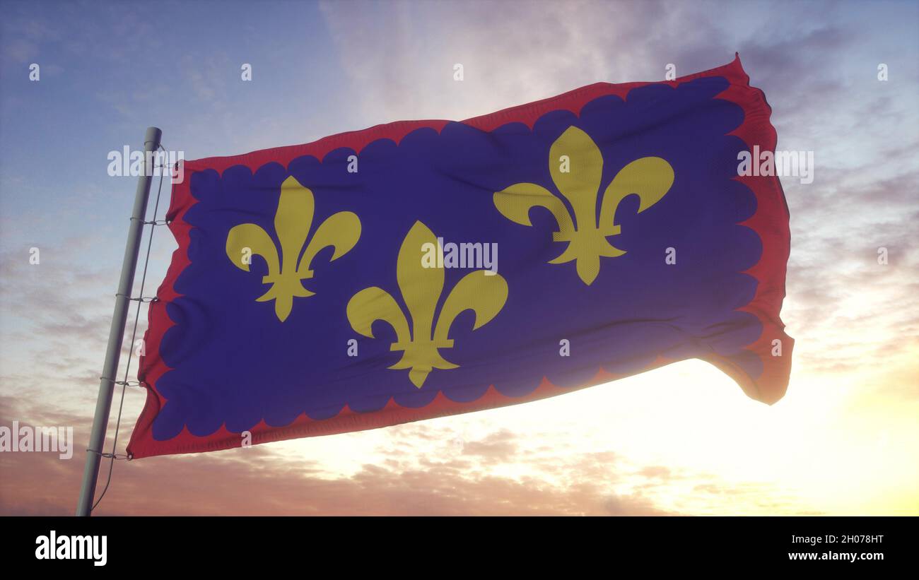 Berry flag, France, waving in the wind, sky and sun background. 3d ...