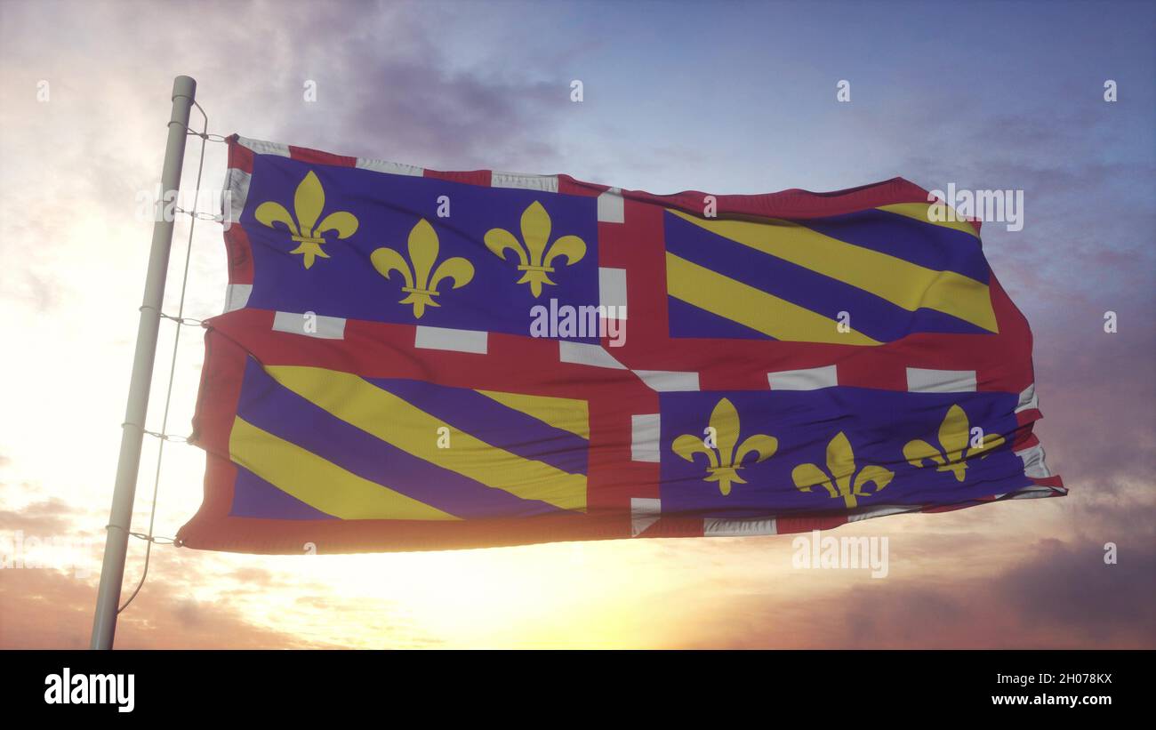 Bourgogne flag, France, waving in the wind, sky and sun background. 3d rendering Stock Photo - Alamy