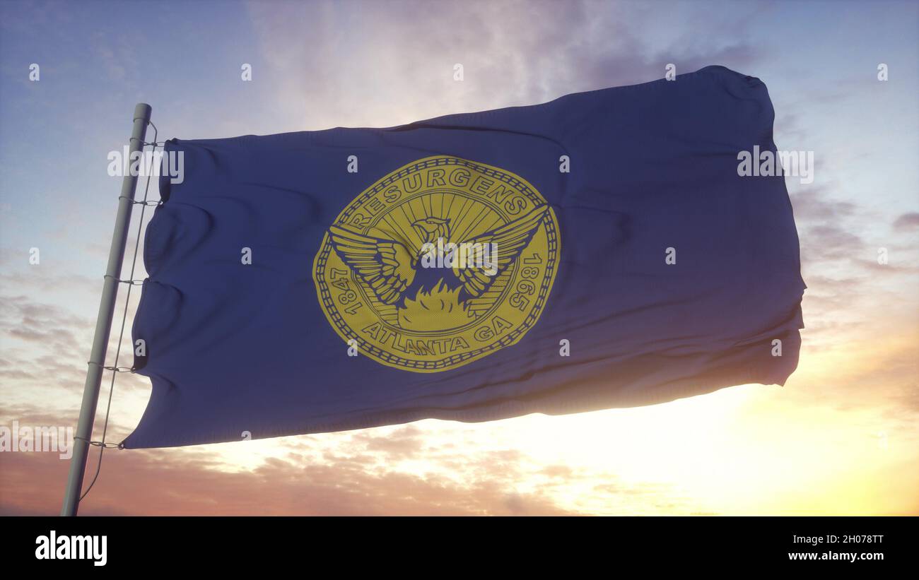 Atlanta flag, Georgia, waving in the wind, sky and sun background. 3d ...