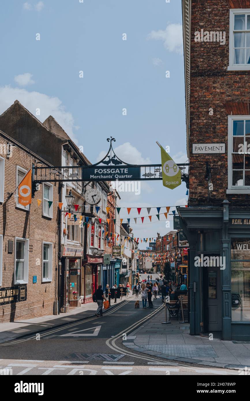 York, UK - June 22, 2021: Banner at the entrance to Fossgate, a home to ...
