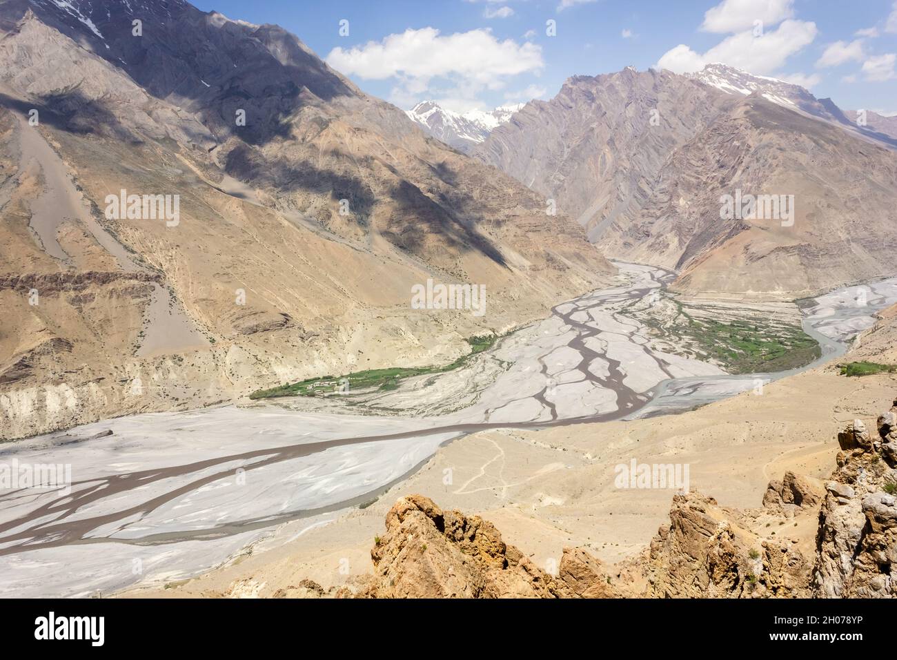 Aerial view of the Himalayan landscape around the wide bed of the Spiti ...