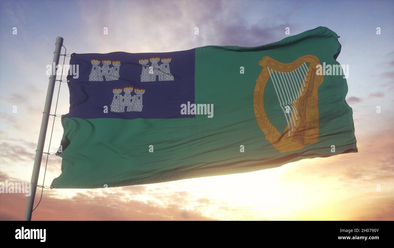 Flag of Dublin, capital city of Ireland waving in the wind, sky and sun ...