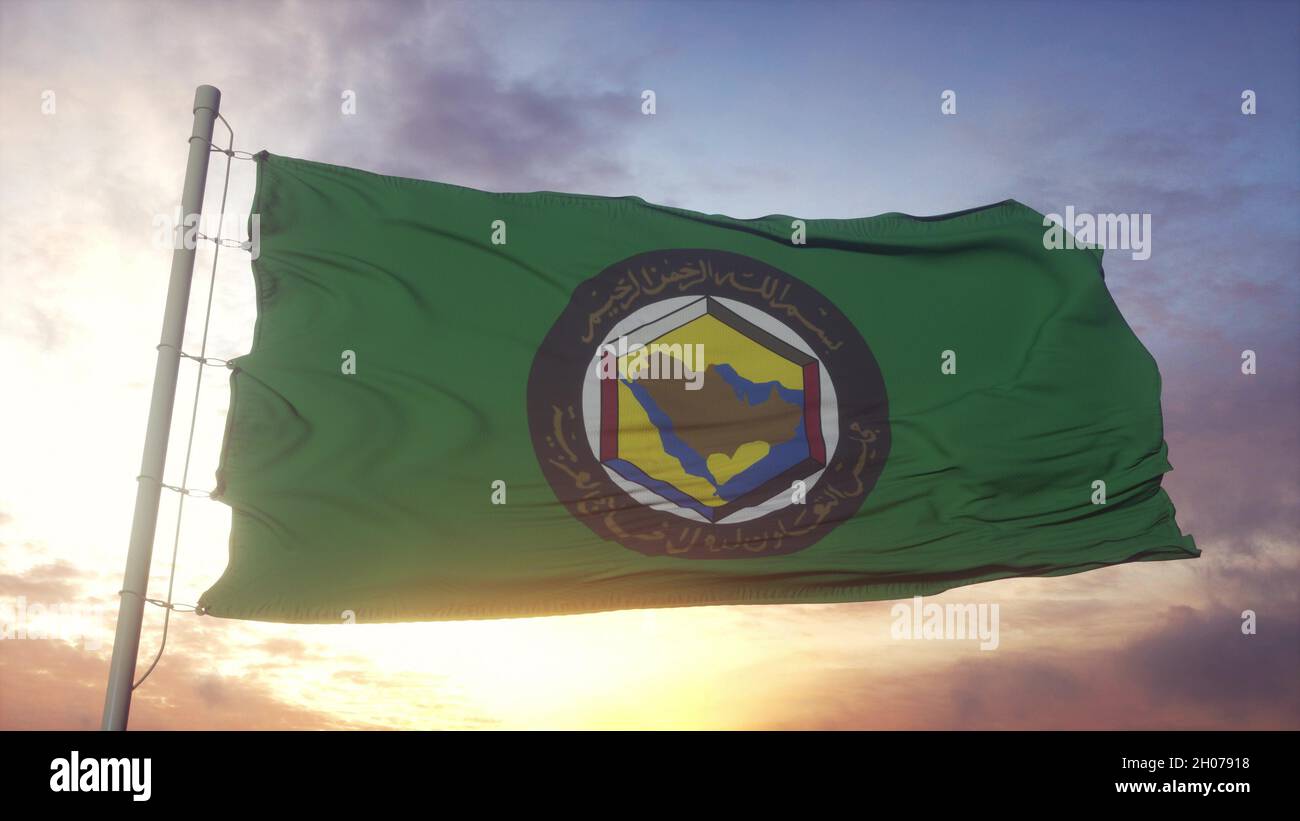 Flag of Gulf Cooperation Council waving in the wind, sky and sun ...