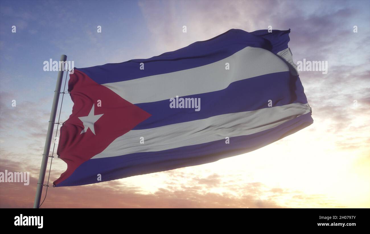 Flag of Cuba waving in the wind, sky and sun background. 3d rendering ...