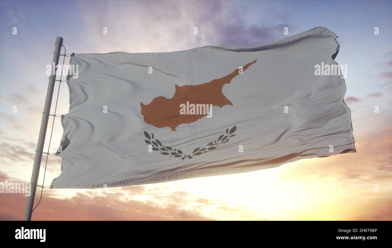 Flag of Cyprus waving in the wind, sky and sun background. 3d rendering ...