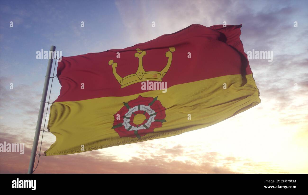 Hampshire flag, England, waving in the wind, sky and sun background. 3d ...
