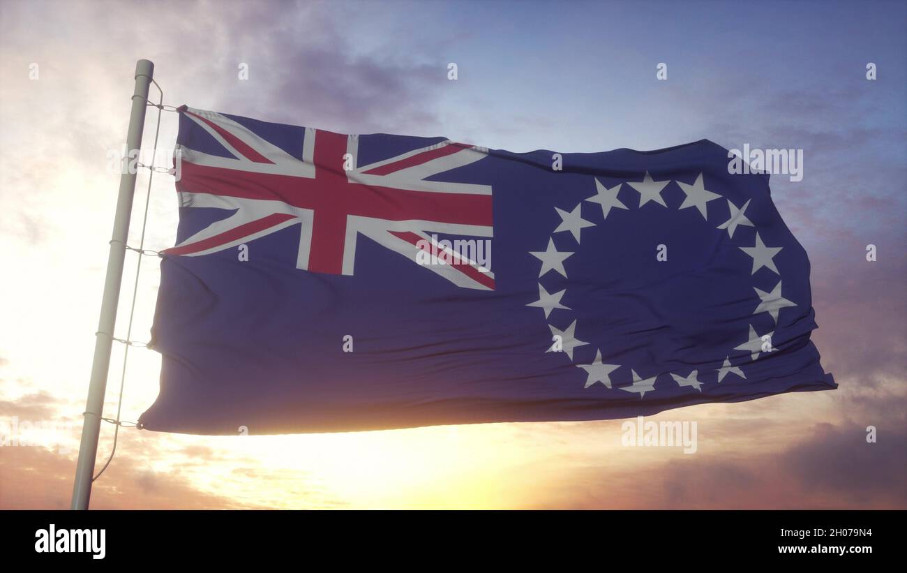 Flag of Cook Islands waving in the wind, sky and sun background. 3d ...