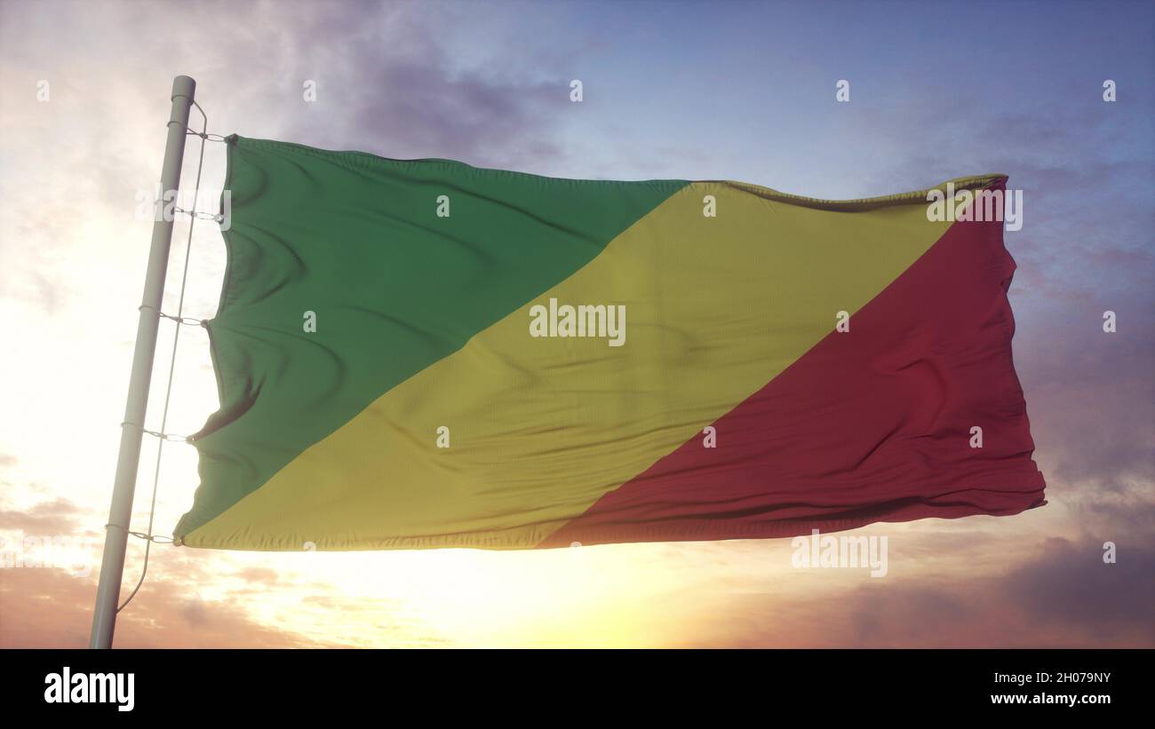 Republic of the Congo Flag waving in the wind, sky and sun background ...