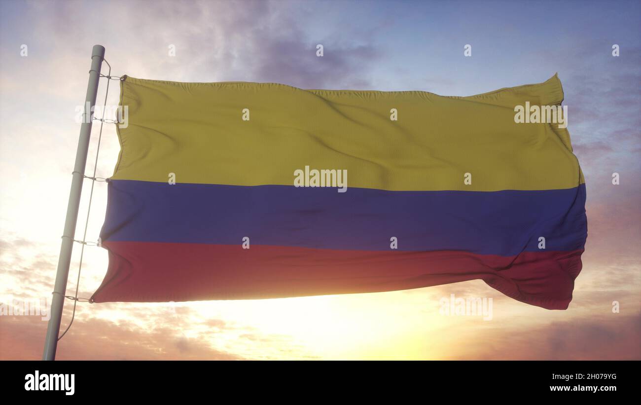 Flag of Colombia waving in the wind, sky and sun background. 3d ...