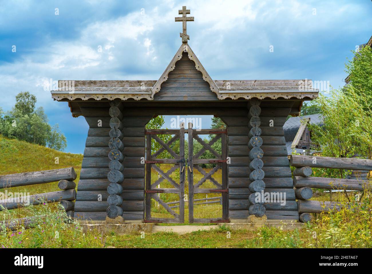 Wooden gate, entrance to the territory of the village church Stock ...