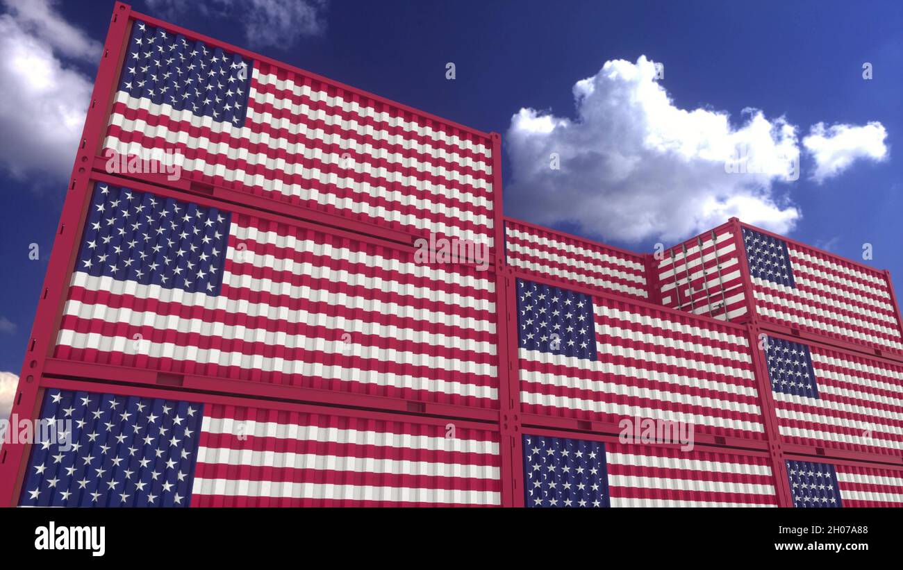 USA flag containers are located at the container terminal. American export or import concept, 3d ...