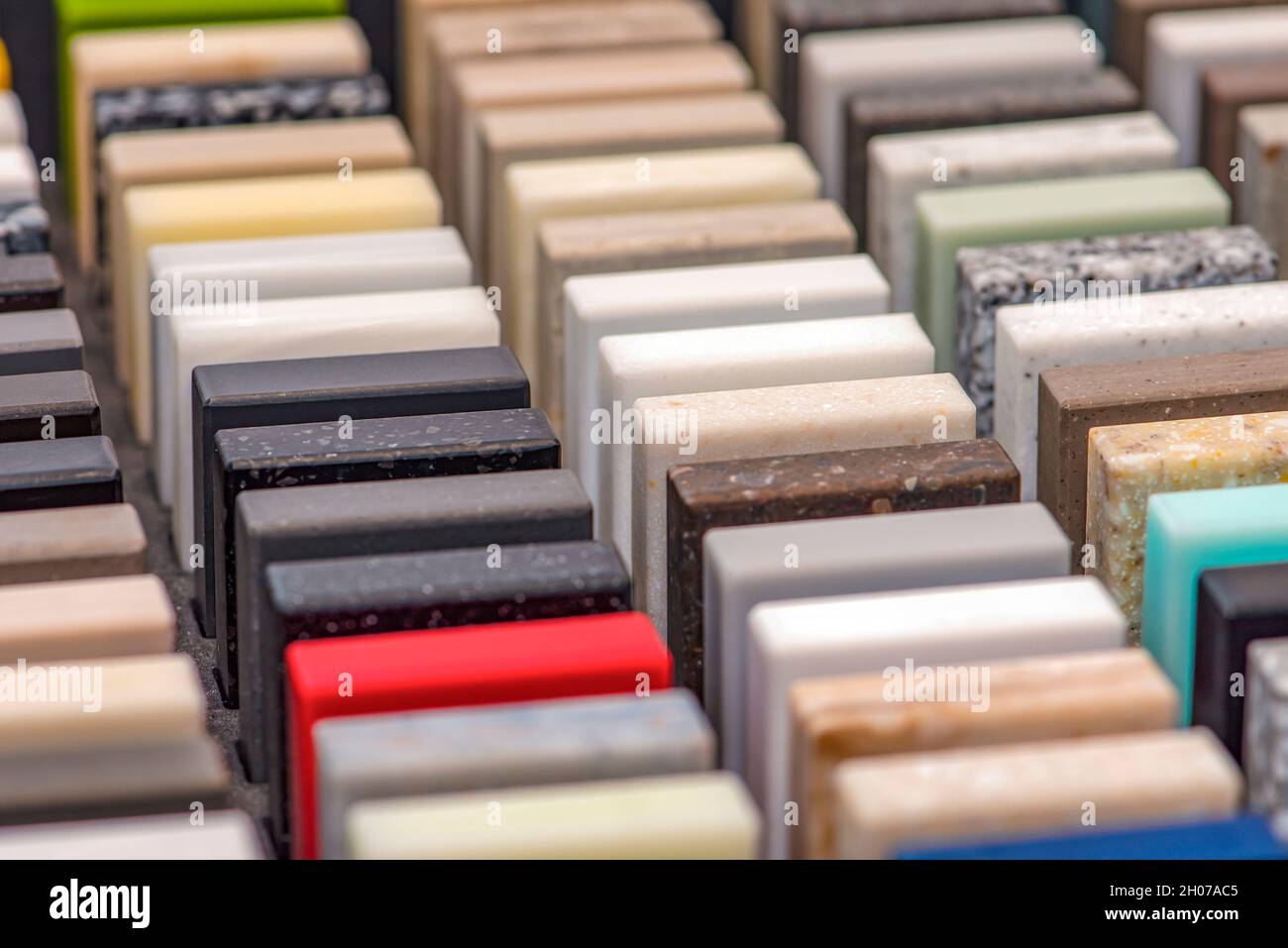 Samples of decorative artificial stone, close-up. Stone samples for ...