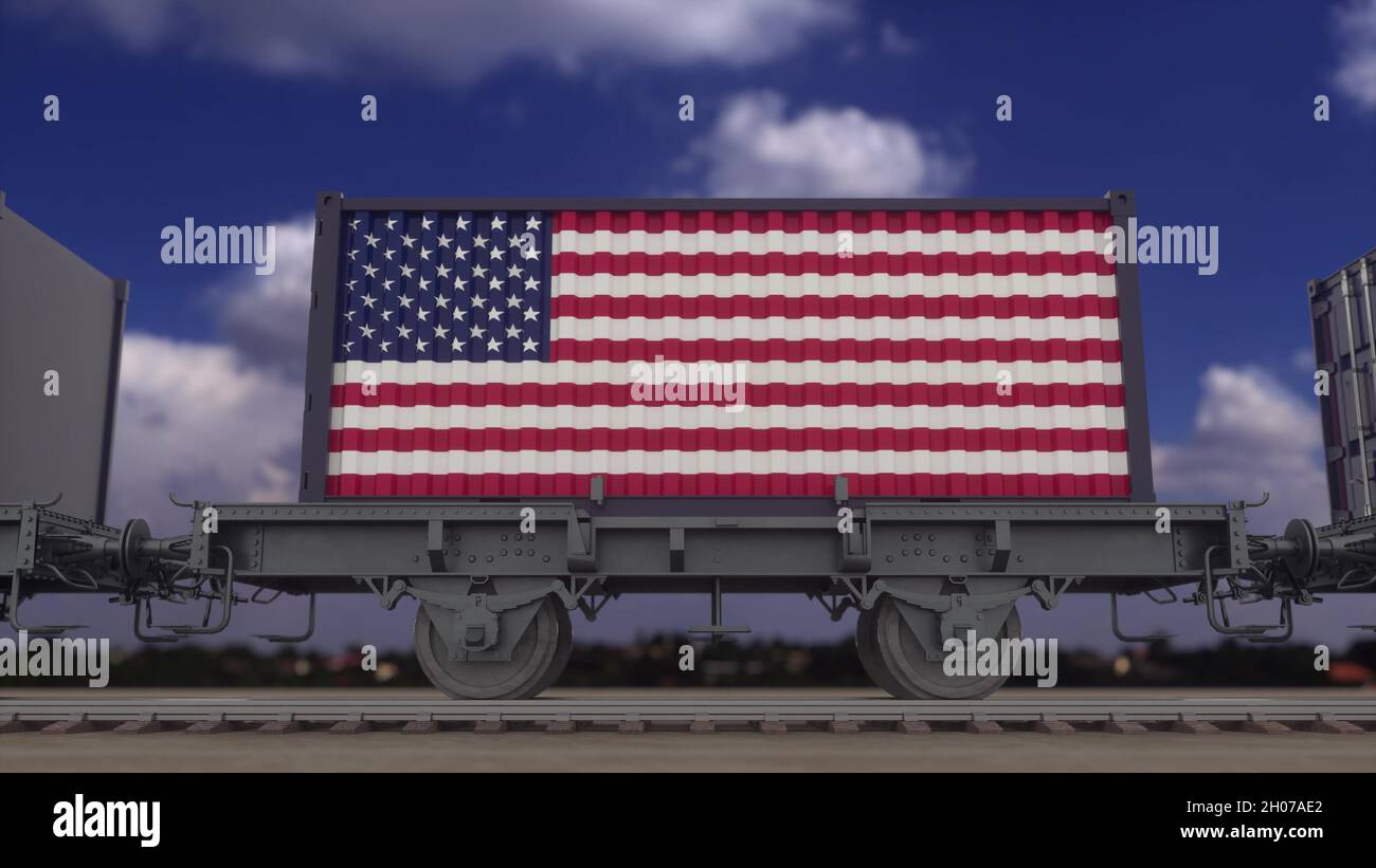 Train and containers with the flag of USA. Railway transportation. 3d ...