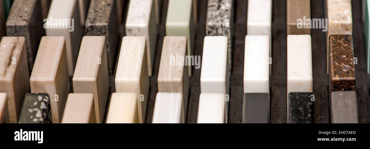 Samples of decorative artificial stone, close-up. Stone samples for ...
