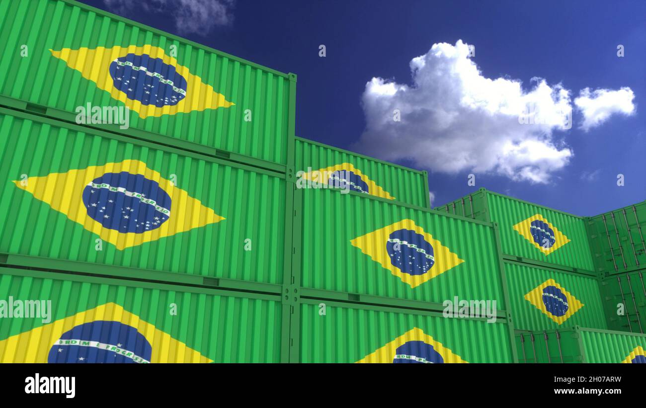 Brazil flag containers are located at the container terminal. Concept ...