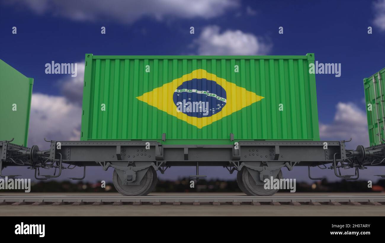 Train and containers with the flag of Brazil. Railway transportation ...