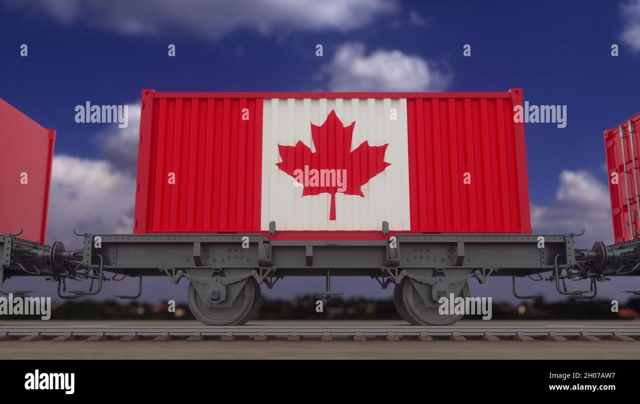 Train and containers with the flag of Canada. Railway transportation ...