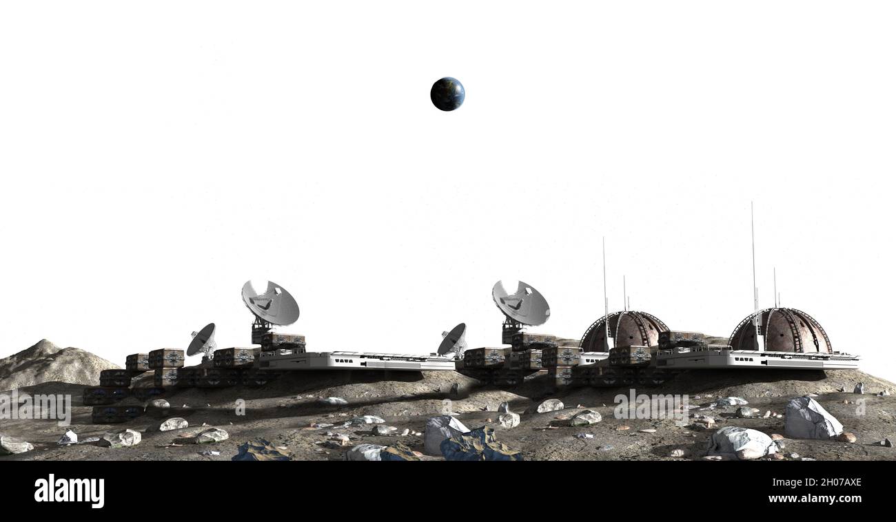 3D Rendering of a Moon base and Earth settlement, isolated on white ...