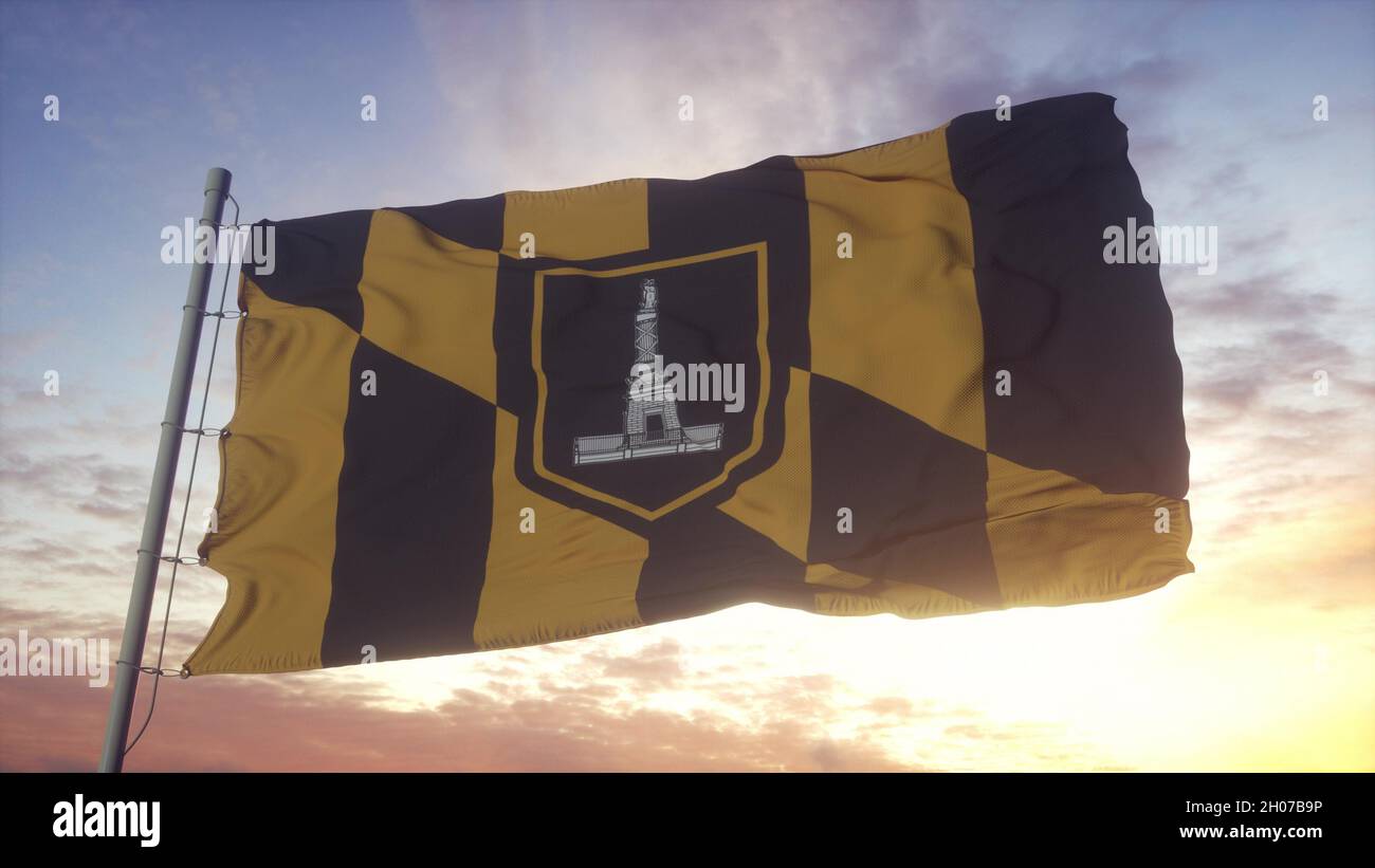 Flag of Baltimore, city of Maryland waving in the wind, sky and sun ...
