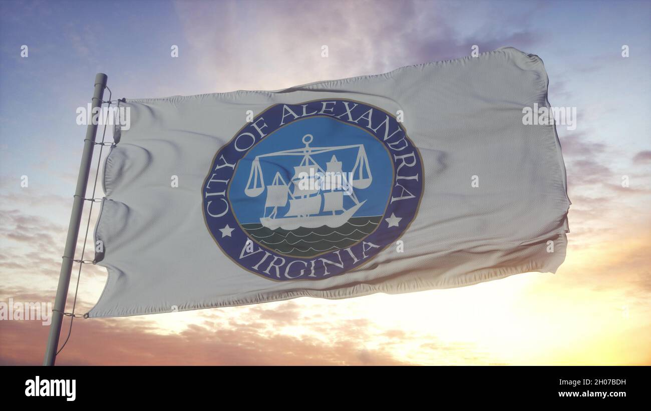 Alexandria flag, Virginia, waving in the wind, sky and sun background ...