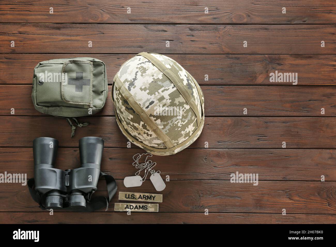 Set of military outfit on wooden background, flat lay Stock Photo - Alamy