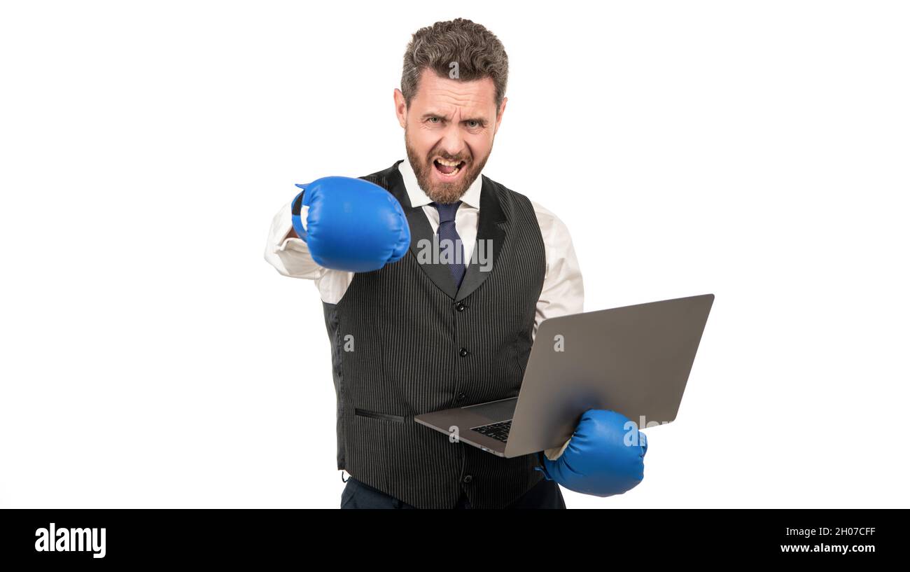 angry man punching with fist in boxing glove hold computer, anger Stock ...