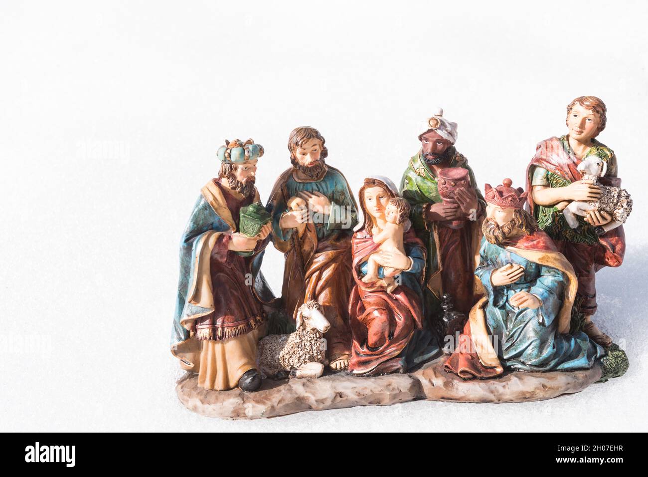 Nativity figures holy family with the three kings on white background ...