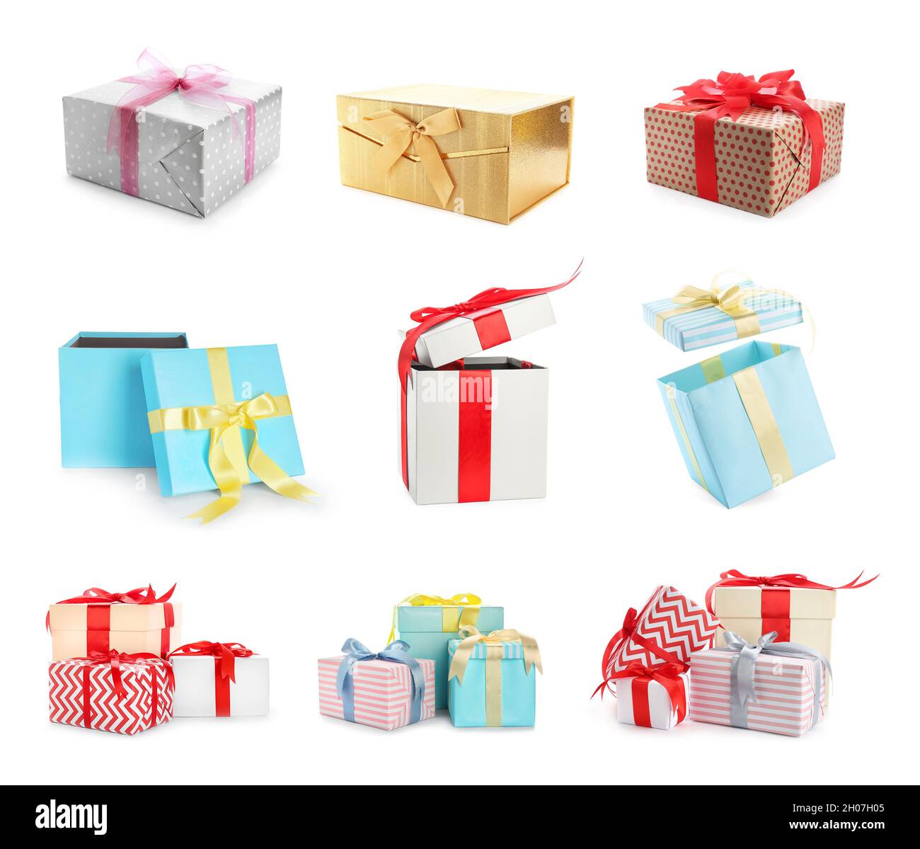 Collection of various gift boxes on white background Stock Photo - Alamy