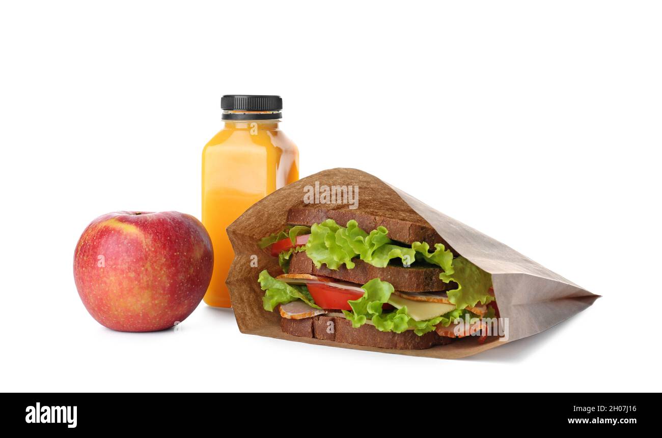 Healthy food on white background. School lunch Stock Photo - Alamy