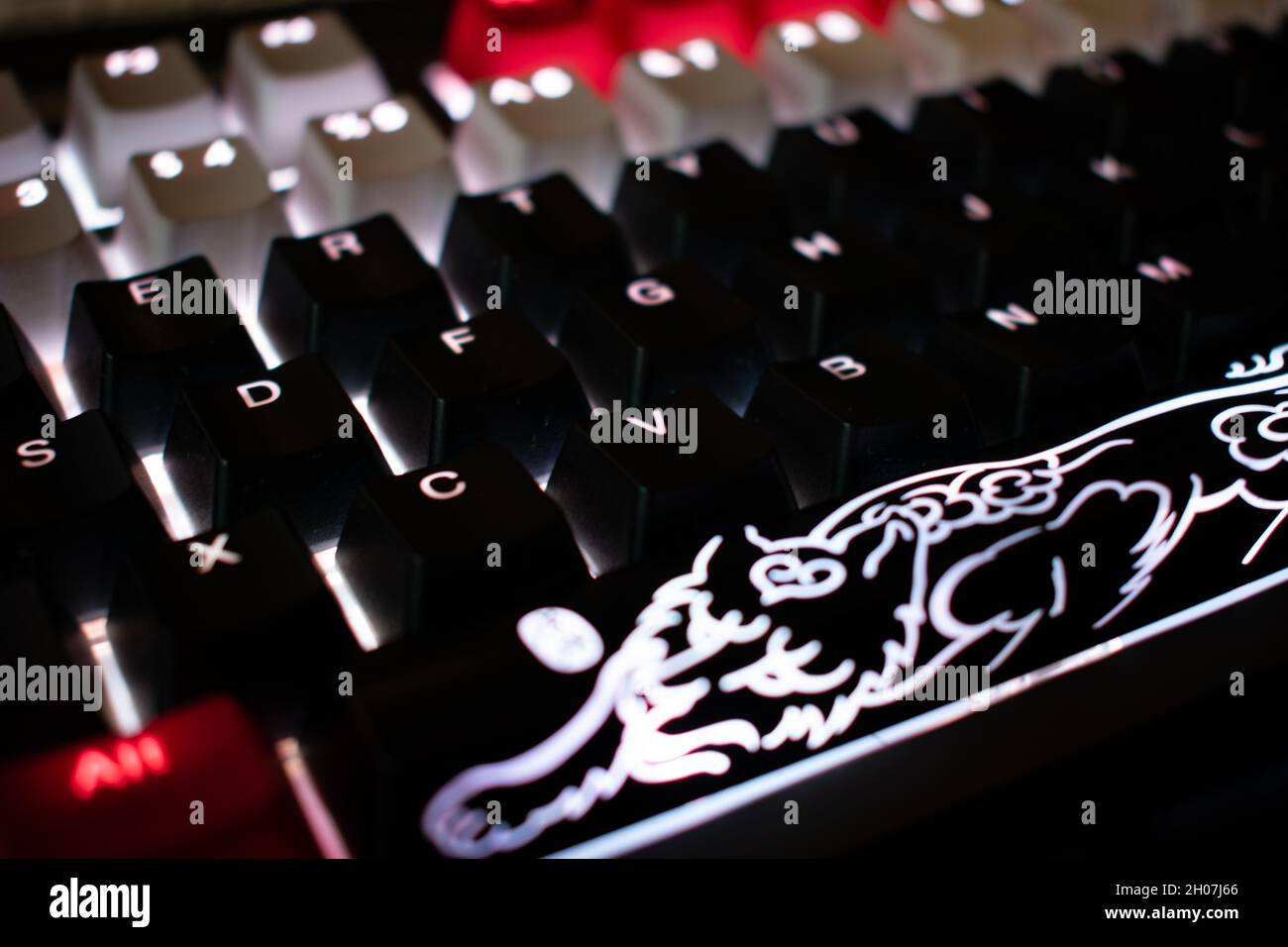 White Backlit Mechanical Keyboard with black, white, red keycaps at an ...