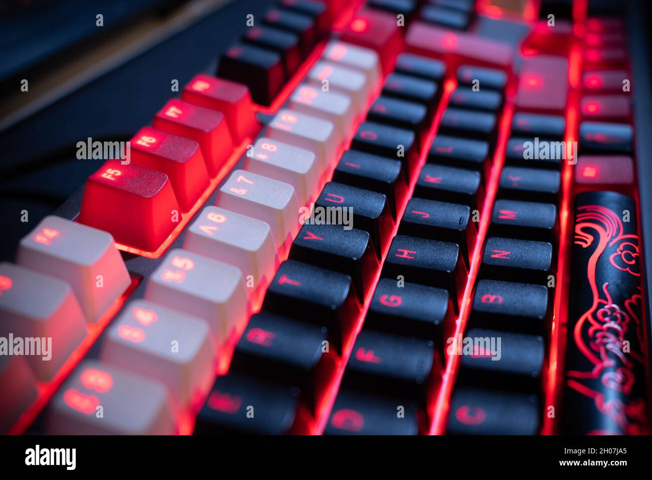 Red Backlit Mechanical Keyboard with black, white, red keycaps at an ...