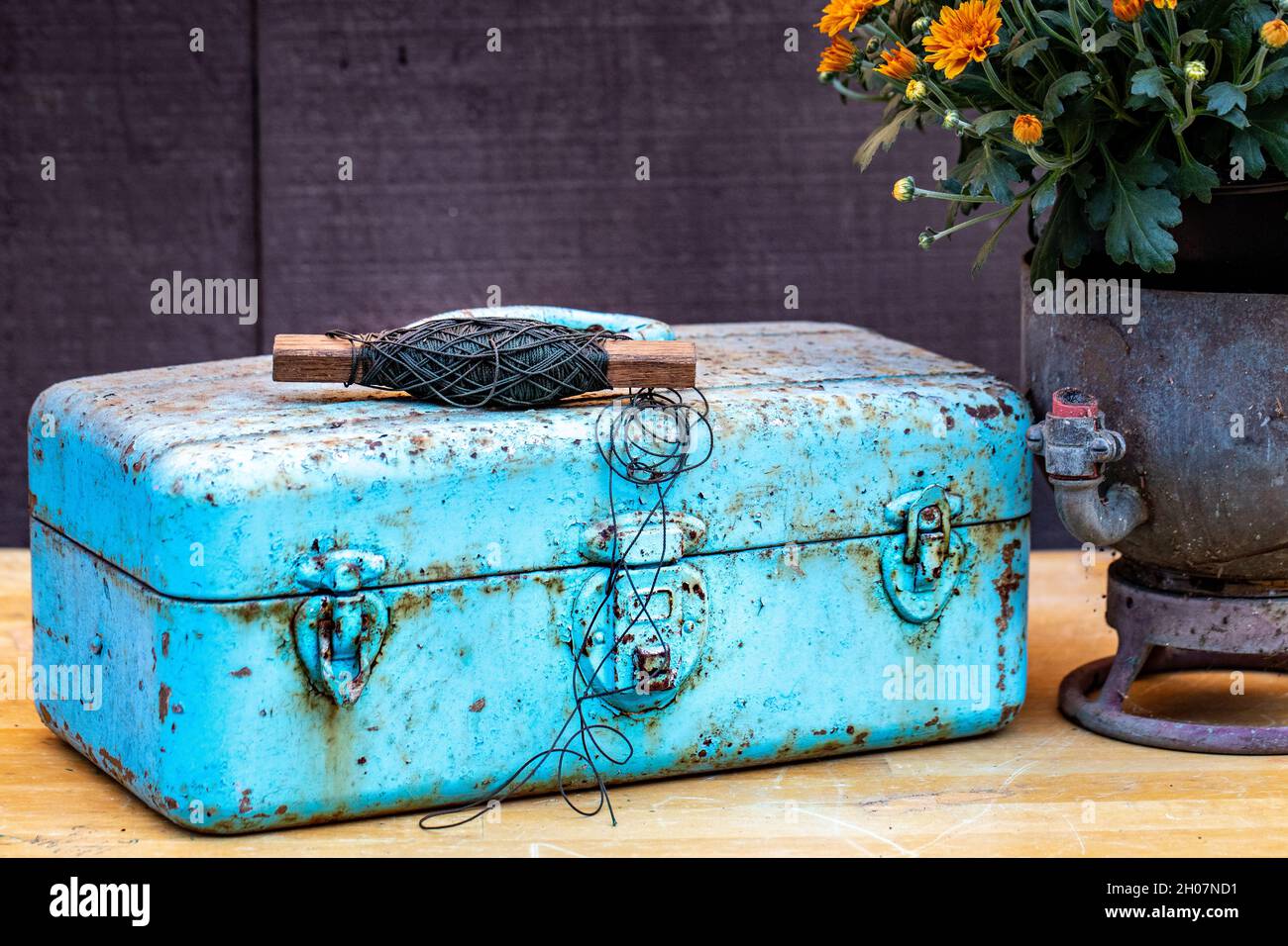 Old Blue Painted Tool Box with String Stock Photo - Alamy