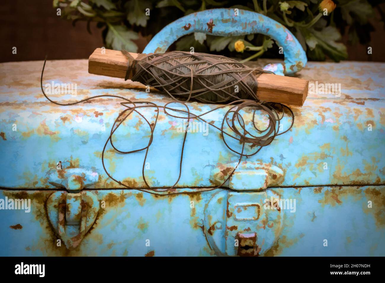 Old String on Top of Rusty Blue Metal Tool Box Stock Photo - Alamy