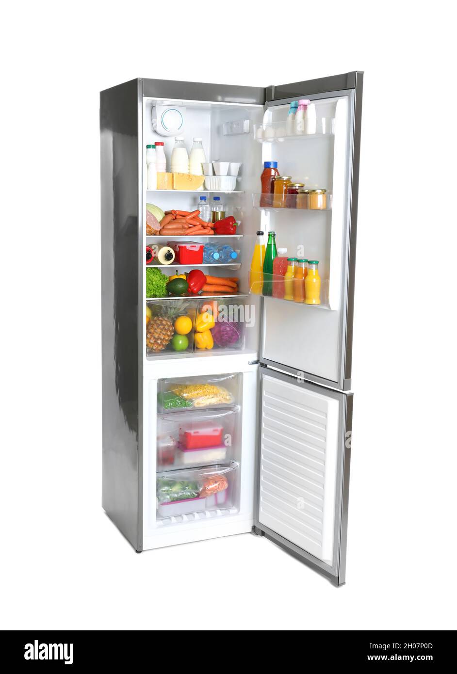 Open refrigerator with many different products on white background ...