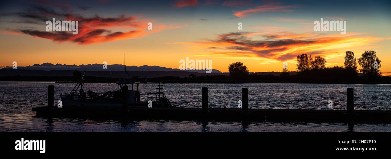 Panorama of sunset on water Jetty Island Port Gardner Everett ...
