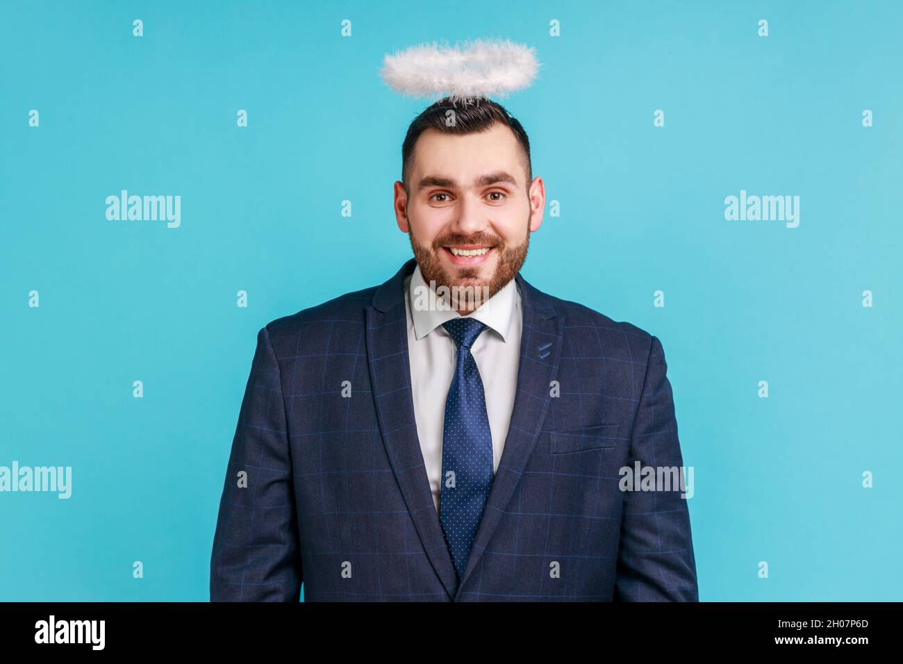Portrait of angelic nice-looking man with wearing official style suit ...